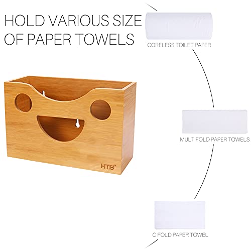 Paper Towel Dispenser Countertop or Wall Mount by HTB, Manual Bamboo Paper Hand Towel Holder Compatible with Trifold，C Fold, Z Fold, Multifold Paper Towels for Bathroom, Kitchen, Office