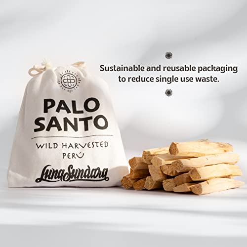 Luna Sundara - 100 g. Palo Santo Sticks from Peru Sustainably Wild Harvested Quality Hand Picked - (Approximately 12-20 Sticks) Includes a Reusable Drawstring Bag.