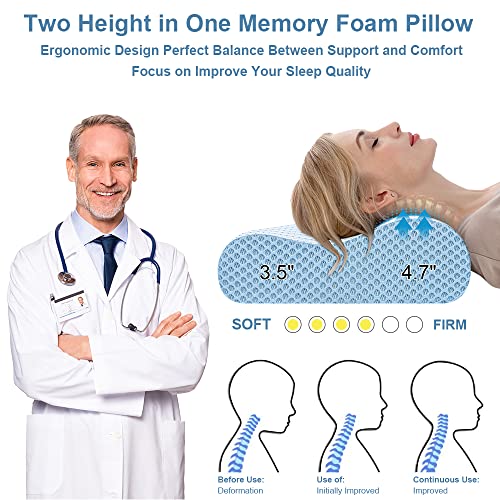 Anvo Memory Foam Pillow, Neck Contour Cervical Orthopedic Pillow for Sleeping Side Back Stomach Sleeper, Ergonomic Bed Pillow for Neck Pain - Blue White, Firm