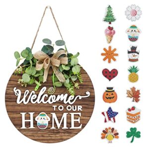 interchangeable seasonal welcome sign front door decoration, rustic round wood wreaths wall hanging outdoor, farmhouse, porch, for spring summer fall all seasons holiday halloween christmas.