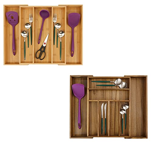 Utoplike Bamboo Expandable Kitchen Drawer Organizer and Acacia Expandable Cutlery Drawer Organizer