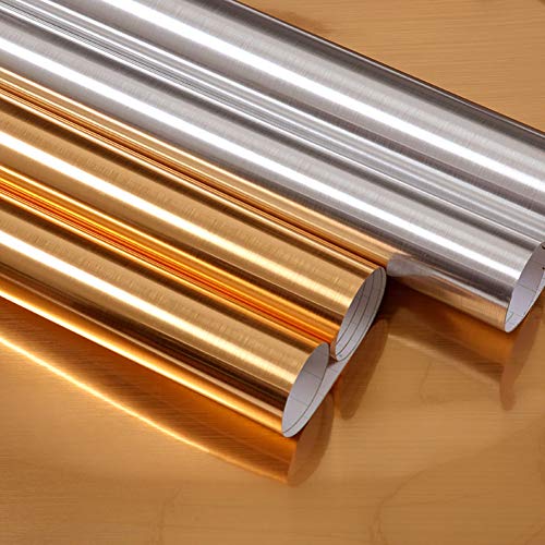 Yija Self Adhesive Brushed Metal Look Film Vinyl Waterproof Anti Greasy Counter Top Peel Stick Metallic Gloss Shelf Liner for Kitchen Cabinet 15.6inch by 79inch (Gold)