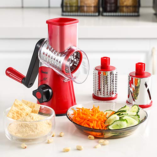 Geedel Rotary Cheese Grater, Kitchen Mandoline Vegetable Slicer with 3 Interchangeable Blades, Easy to Clean Rotary Grater Slicer for Fruit, Vegetables, Nuts