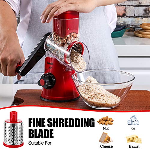 Geedel Rotary Cheese Grater, Kitchen Mandoline Vegetable Slicer with 3 Interchangeable Blades, Easy to Clean Rotary Grater Slicer for Fruit, Vegetables, Nuts