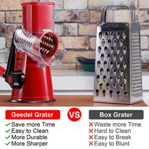 Geedel Rotary Cheese Grater, Kitchen Mandoline Vegetable Slicer with 3 Interchangeable Blades, Easy to Clean Rotary Grater Slicer for Fruit, Vegetables, Nuts