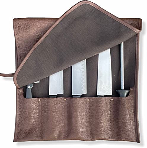 MARION - LA PETITE - Genuine Calf Top Grain Brown Leather - Handcrafted Professional Chef's Knife Storage Roll Bag - 5 Pockets…