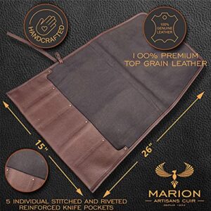 MARION - LA PETITE - Genuine Calf Top Grain Brown Leather - Handcrafted Professional Chef's Knife Storage Roll Bag - 5 Pockets…