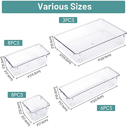 WOWBOX 25 PCS Clear Plastic Drawer Organizer Set, 4 Sizes Desk Drawer Divider Organizers and Storage Bins for Makeup, Jewelry, Gadgets for Kitchen, Bedroom, Office Bathroom, Office