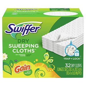 swiffer sweeper dry sweeping pad refills, hardwood floor mop cleaner cloth refill, gain scent, 32 count