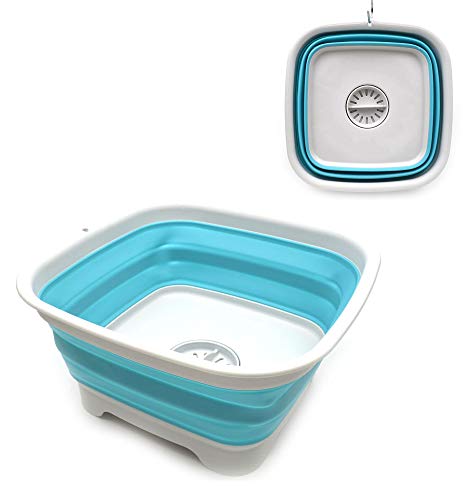 SAMMART 9.3L (2.46Gallon) Collapsible Dishpan with Draining Plug - Foldable Washing Basin - Portable Dish Washing Tub - Space Saving Kitchen Storage Tray (1, Grey/Bright Blue)