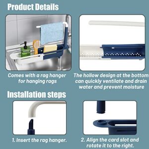 Bili-silly Upgraded Telescopic Sink Storage Rack Adjustable Length 2-in-1 Sink Organizer Tray Sponge Soap Holder with Dishcloth Hanger Expandable Kitchen Sink Organizer Rack for Home Kitchen