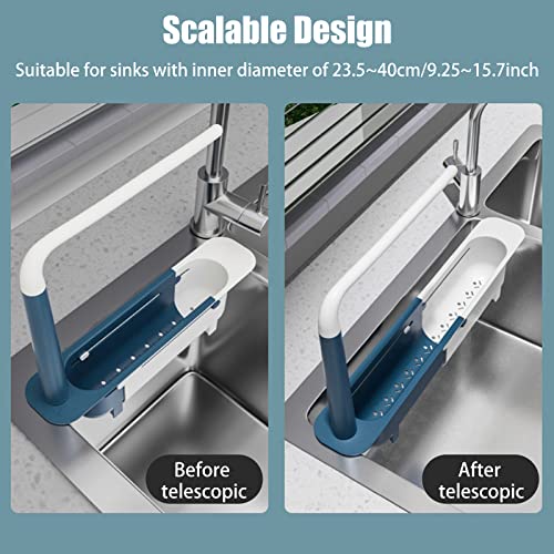 Bili-silly Upgraded Telescopic Sink Storage Rack Adjustable Length 2-in-1 Sink Organizer Tray Sponge Soap Holder with Dishcloth Hanger Expandable Kitchen Sink Organizer Rack for Home Kitchen