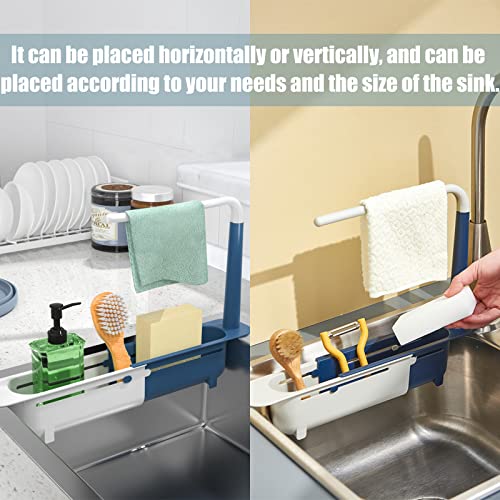 Bili-silly Upgraded Telescopic Sink Storage Rack Adjustable Length 2-in-1 Sink Organizer Tray Sponge Soap Holder with Dishcloth Hanger Expandable Kitchen Sink Organizer Rack for Home Kitchen