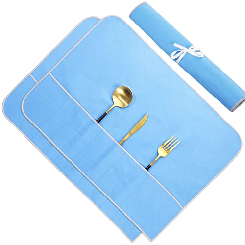 3 Pieces Silver Storage Bags Anti Tarnish Silver Storage Cloth Silverware Holder Blue Silverware Bags Flatware Storage Organizer Silver Protector Bag Place Setting Roll with Ribbon for Kitchen Utensil