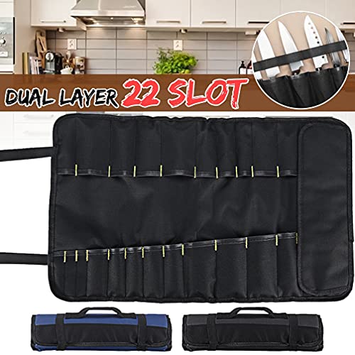 Chef Knife Roll Bag for Chefs, 22 Slots Portable Chef Knife Case Storage Roll Bag with Carry Handle (Black)