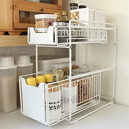 TristonSong Stackable 2-Tie Under Sink Cabinets Organizer with Sliding Storage Drawer, Pull Out Cabinets Organizer Shelf, Sliding Kitchen Countertop Storage Basket-White Large