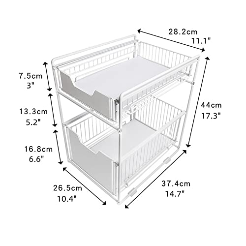 TristonSong Stackable 2-Tie Under Sink Cabinets Organizer with Sliding Storage Drawer, Pull Out Cabinets Organizer Shelf, Sliding Kitchen Countertop Storage Basket-White Large