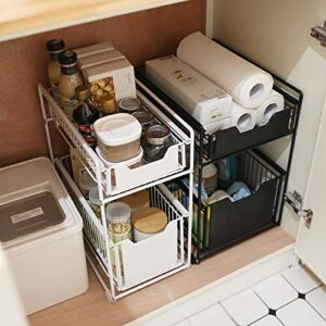 TristonSong Stackable 2-Tie Under Sink Cabinets Organizer with Sliding Storage Drawer, Pull Out Cabinets Organizer Shelf, Sliding Kitchen Countertop Storage Basket-White Large