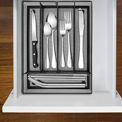 E-far Kitchen Drawer Organizer, Mesh Wire Utensil Tray Drawer Organizer, Black Narrow Metal Silverware Flatware Cutlery Holder/Divider with Foam Feet, 5 Compartment & Small Size - 12.5 x 9.25-Inch