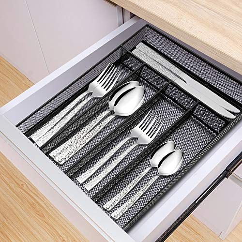 E-far Kitchen Drawer Organizer, Mesh Wire Utensil Tray Drawer Organizer, Black Narrow Metal Silverware Flatware Cutlery Holder/Divider with Foam Feet, 5 Compartment & Small Size - 12.5 x 9.25-Inch