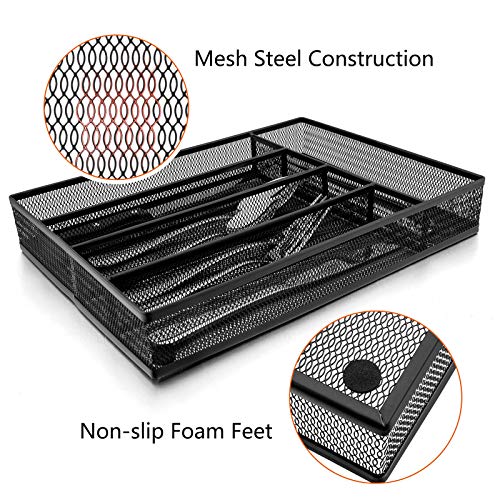 E-far Kitchen Drawer Organizer, Mesh Wire Utensil Tray Drawer Organizer, Black Narrow Metal Silverware Flatware Cutlery Holder/Divider with Foam Feet, 5 Compartment & Small Size - 12.5 x 9.25-Inch