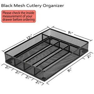 E-far Kitchen Drawer Organizer, Mesh Wire Utensil Tray Drawer Organizer, Black Narrow Metal Silverware Flatware Cutlery Holder/Divider with Foam Feet, 5 Compartment & Small Size - 12.5 x 9.25-Inch