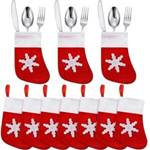 12 Packs Mini Christmas Stockings Bulk Small Christmas Dinner Table Decorations Snowflake Tableware Silverware Holders Christmas Tree Socks Knife Spoon Fork Bag for Xmas Party Dinner Table Supplies