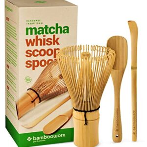 BambooWorx Matcha Whisk Set - Matcha Whisk (Chasen), Traditional Scoop (Chashaku), Tea Spoon. The Perfect Set to Prepare a Traditional Cup of Japanese Matcha Tea, Handmade from 100% Natural Bamboo