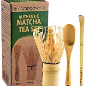 BambooWorx Matcha Whisk Set - Matcha Whisk (Chasen), Traditional Scoop (Chashaku), Tea Spoon. The Perfect Set to Prepare a Traditional Cup of Japanese Matcha Tea, Handmade from 100% Natural Bamboo