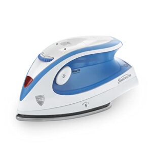 sunbeam hot-2-trot travel steam iron, 800 watt dual voltage 120/240, compact size, portable, non-stick soleplate, soft touch handle, horizontal or vertical use, white and blue