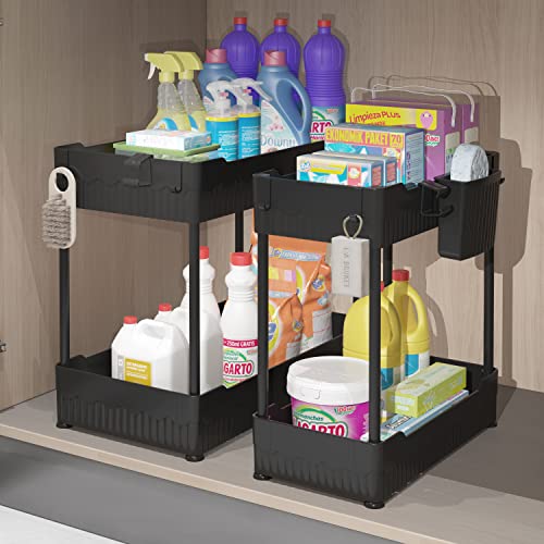 Sevenblue 2-Tier Under Sink Organizers and Storage,Under Bathroom Cabinet Organizer with Hooks Hanging Cup,Multi-Purpose Storage Shelf for Bathroom Kitchen,Black,2 Pack