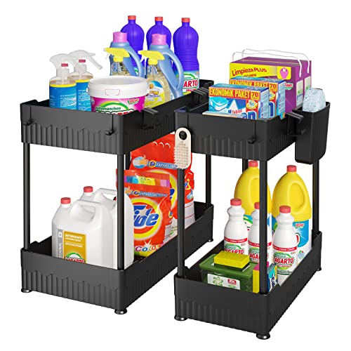 Sevenblue 2-Tier Under Sink Organizers and Storage,Under Bathroom Cabinet Organizer with Hooks Hanging Cup,Multi-Purpose Storage Shelf for Bathroom Kitchen,Black,2 Pack