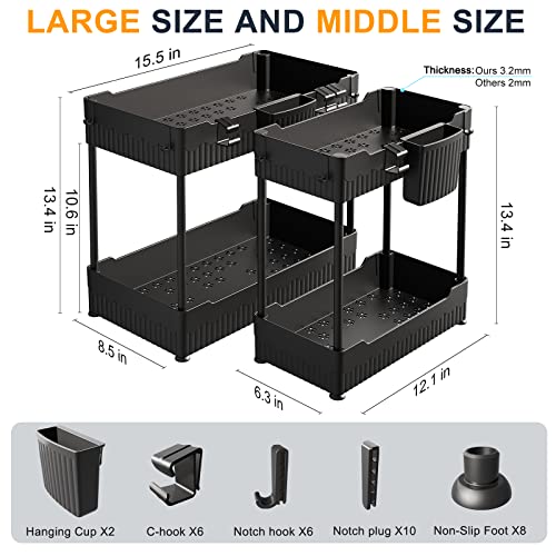 Sevenblue 2-Tier Under Sink Organizers and Storage,Under Bathroom Cabinet Organizer with Hooks Hanging Cup,Multi-Purpose Storage Shelf for Bathroom Kitchen,Black,2 Pack