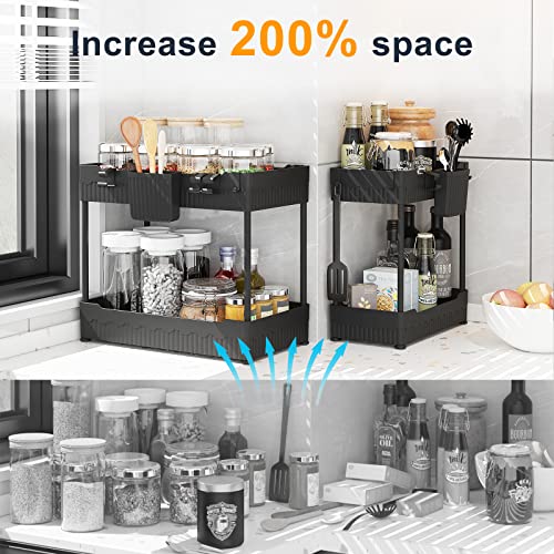 Sevenblue 2-Tier Under Sink Organizers and Storage,Under Bathroom Cabinet Organizer with Hooks Hanging Cup,Multi-Purpose Storage Shelf for Bathroom Kitchen,Black,2 Pack