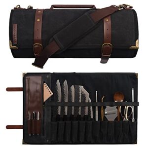 manjushri elegant and light 12 slots professional waxed canvas & genuine leather chef knife roll bag case with 4 zipper pouch knife organiser (walnut brown)