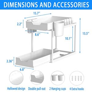 SUPPNEED 2 Pack Under Sink Organizers and Storage, 2-Tier Double Sliding Pull-out Drawer, Multi-purpose Under Sink Organizer for Kitchen and Bathroom with 4 Hooks, 2 Hanging Cup,White