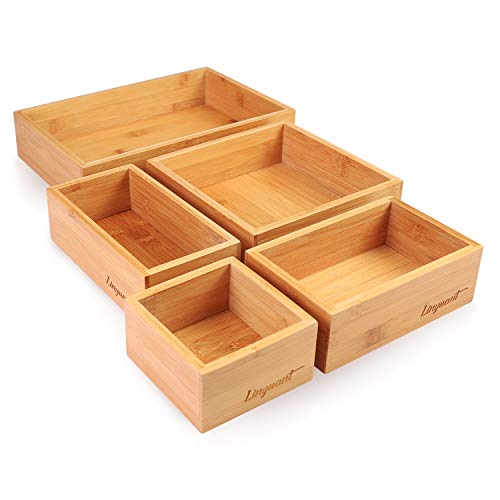 Linyuant 5-Piece Bamboo Drawer Organizer for Kitchen, Multi-use Luxury Storage Wooden Box Kit, Varied Sizes Utility Drawer Organizer, for Kitchen Bedroom Office Home Jewellery