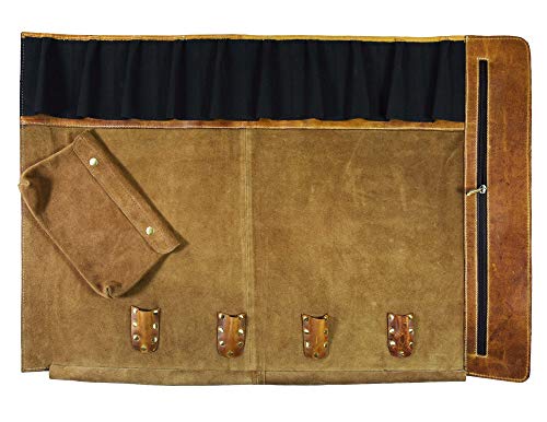 Aaron Leather Goods Vendimia Estilo Leather Knife Roll Storage Bag, Elastic and Expandable 10 Pockets, Adjustable/Detachable Shoulder Strap, Travel-Friendly Chef Knife Case Roll (Caramel, Leather)