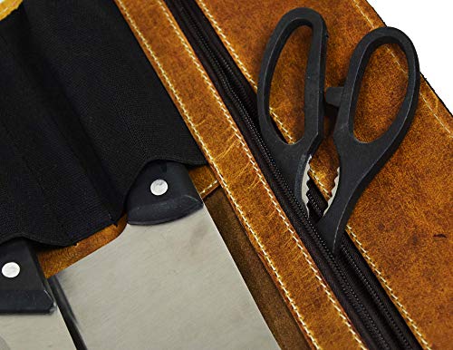 Aaron Leather Goods Vendimia Estilo Leather Knife Roll Storage Bag, Elastic and Expandable 10 Pockets, Adjustable/Detachable Shoulder Strap, Travel-Friendly Chef Knife Case Roll (Caramel, Leather)