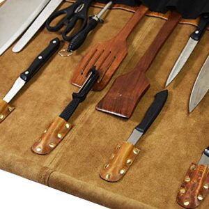 Aaron Leather Goods Vendimia Estilo Leather Knife Roll Storage Bag, Elastic and Expandable 10 Pockets, Adjustable/Detachable Shoulder Strap, Travel-Friendly Chef Knife Case Roll (Caramel, Leather)