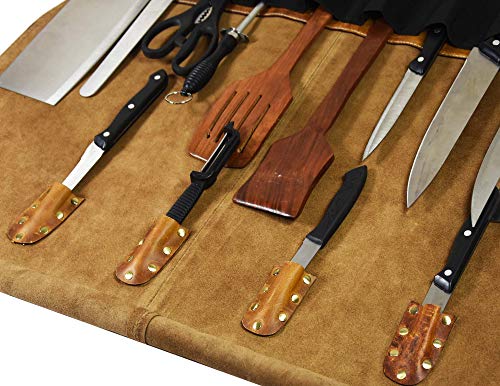 Aaron Leather Goods Vendimia Estilo Leather Knife Roll Storage Bag, Elastic and Expandable 10 Pockets, Adjustable/Detachable Shoulder Strap, Travel-Friendly Chef Knife Case Roll (Caramel, Leather)