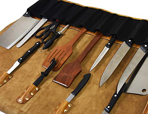 Aaron Leather Goods Vendimia Estilo Leather Knife Roll Storage Bag, Elastic and Expandable 10 Pockets, Adjustable/Detachable Shoulder Strap, Travel-Friendly Chef Knife Case Roll (Caramel, Leather)