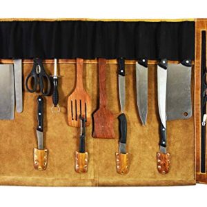 Aaron Leather Goods Vendimia Estilo Leather Knife Roll Storage Bag, Elastic and Expandable 10 Pockets, Adjustable/Detachable Shoulder Strap, Travel-Friendly Chef Knife Case Roll (Caramel, Leather)