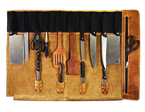 Aaron Leather Goods Vendimia Estilo Leather Knife Roll Storage Bag, Elastic and Expandable 10 Pockets, Adjustable/Detachable Shoulder Strap, Travel-Friendly Chef Knife Case Roll (Caramel, Leather)