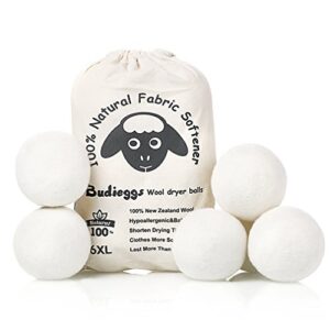 budieggs wool dryer balls organic xl 6-pack, 100% new zealand chemical free fabric softener for 1000+ loads, baby safe & hypoallergenic, reduce wrinkles & shorten drying time naturally