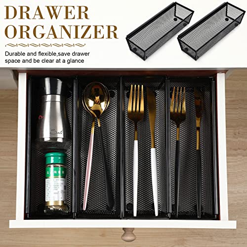 8 Pcs Silverware Drawer Organizer Metal Mesh Utensil Cutlery Tray for Kitchen Tray with Interlocking Arm Narrow Holder Flatware Spoon Knife Fork Pen 12 x 3 x 2 Inch Black