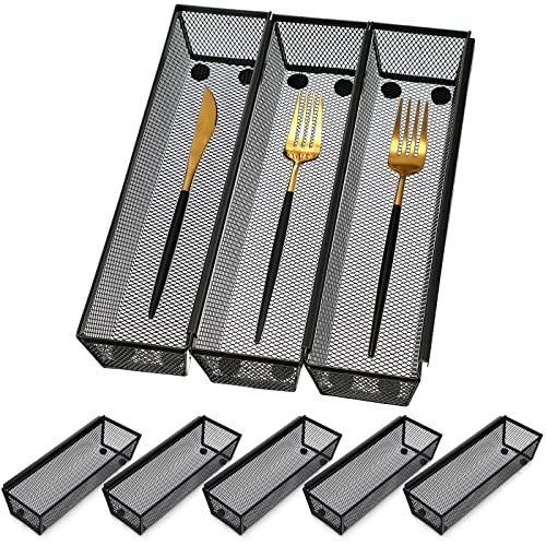 8 Pcs Silverware Drawer Organizer Metal Mesh Utensil Cutlery Tray for Kitchen Tray with Interlocking Arm Narrow Holder Flatware Spoon Knife Fork Pen 12 x 3 x 2 Inch Black