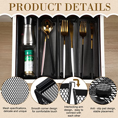 8 Pcs Silverware Drawer Organizer Metal Mesh Utensil Cutlery Tray for Kitchen Tray with Interlocking Arm Narrow Holder Flatware Spoon Knife Fork Pen 12 x 3 x 2 Inch Black