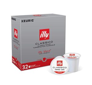 illy coffee, smooth and balanced, classico medium roast , made with 100% arabica coffee, all-natural, no preservatives, coffee pods for keurig coffee machines, 32 k-cup pods (pack of 1)