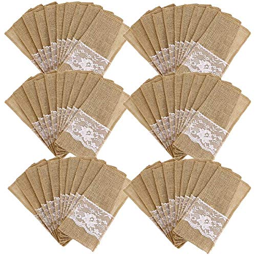 Ranen 75Pcs Burlap Lace Cutlery Pouch Rustic Wedding Knife Fork Holder Bag Hessian Table Decoration Accessories